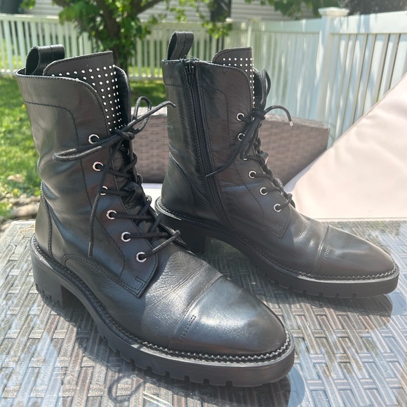 Zara | Shoes | Zara Black Leather Cap Toe Laceup Lug Sole Studded ...